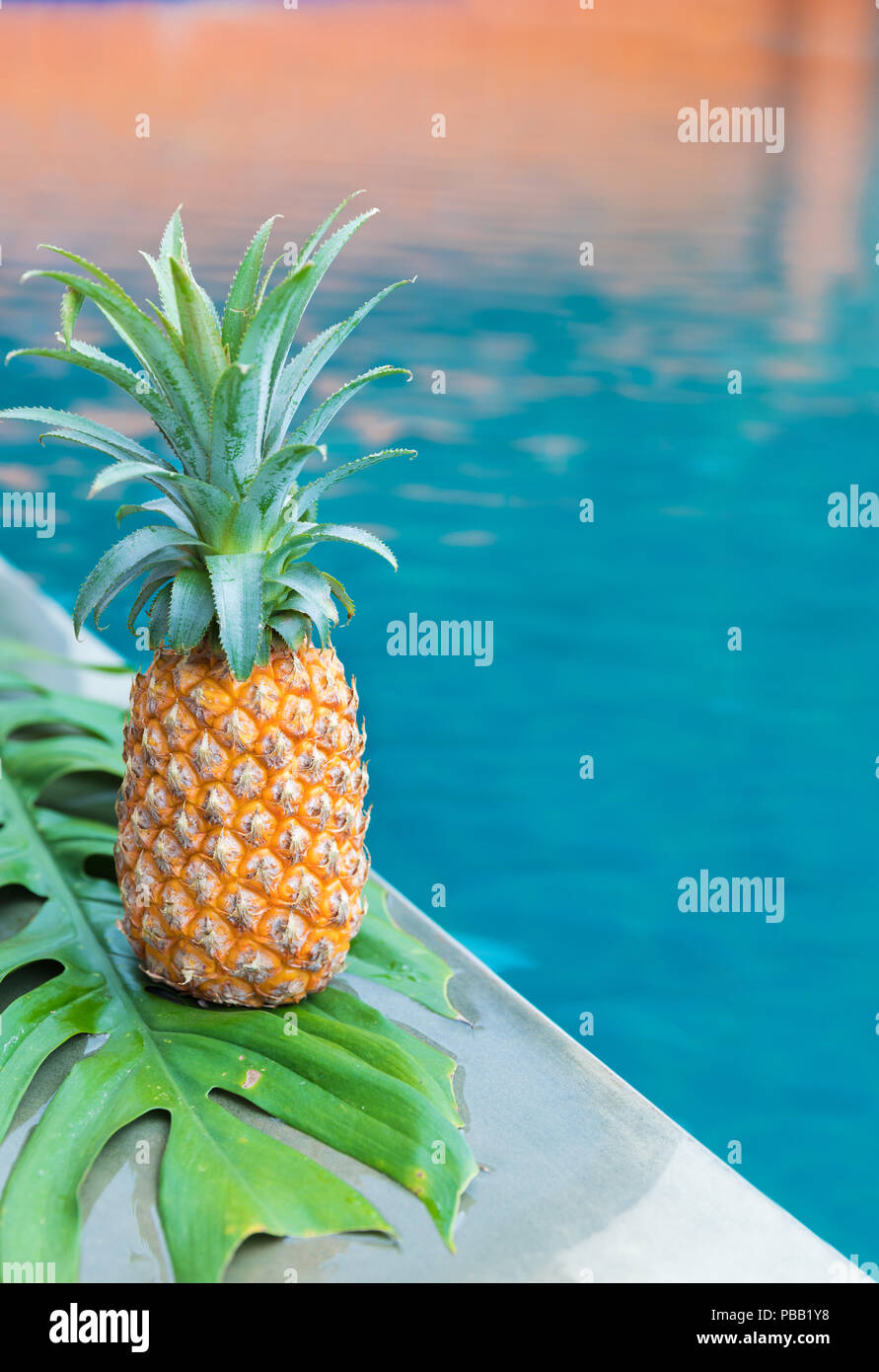 Fresh yellow pineapple tropic fruit summer refreshment near swimming ...