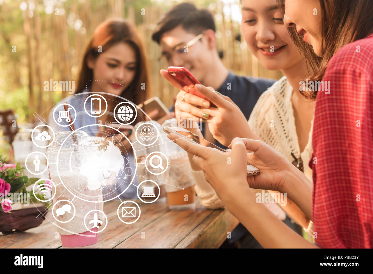 Group of people use smartphone for connecting to various application ...