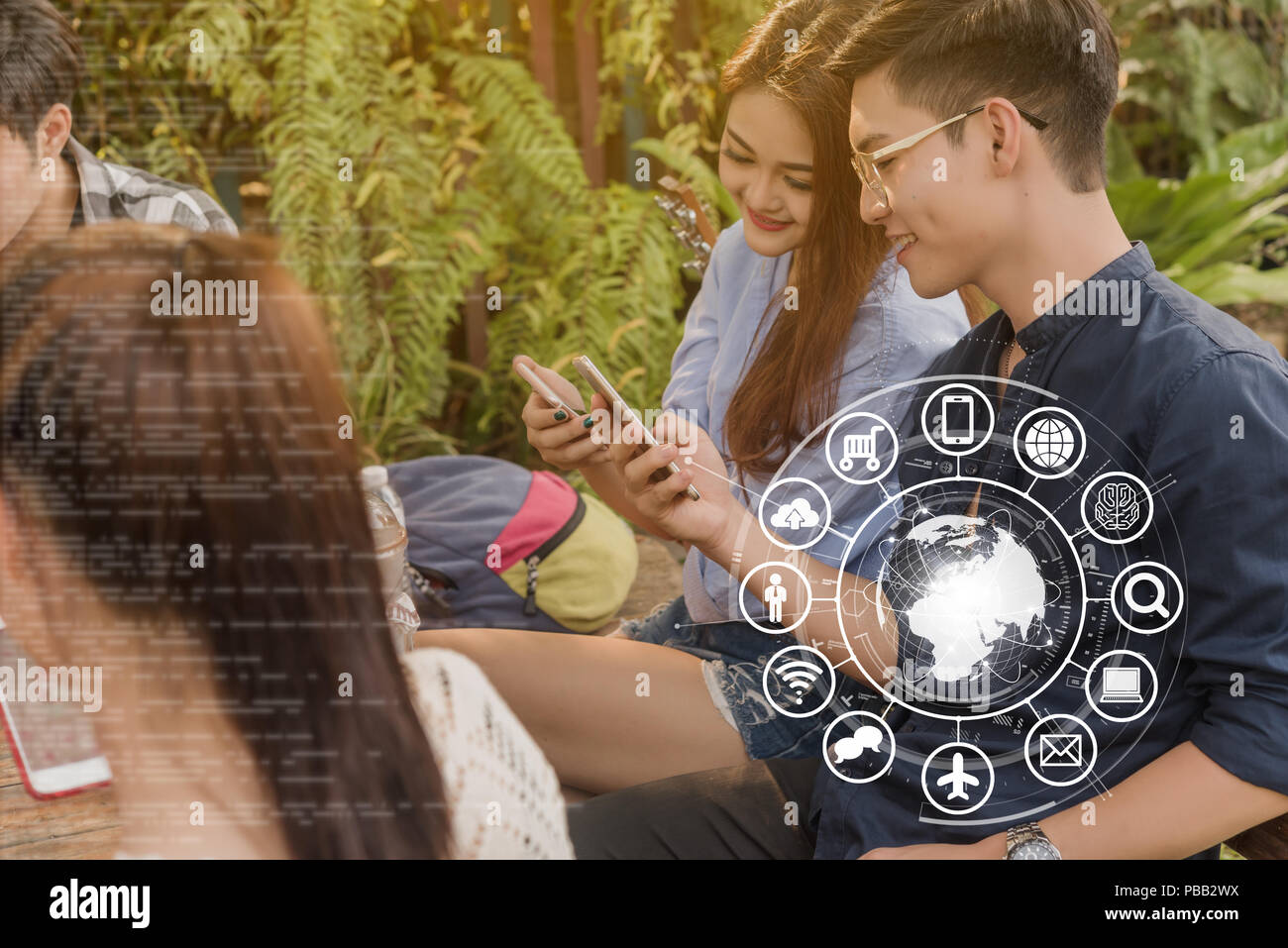 Group of people use smartphone for connecting to various application ...