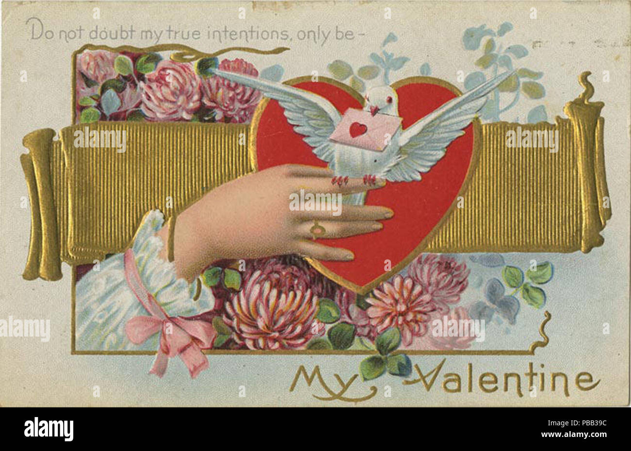 1077 My Valentine postcard of a hand holding a dove bird, on the back ...