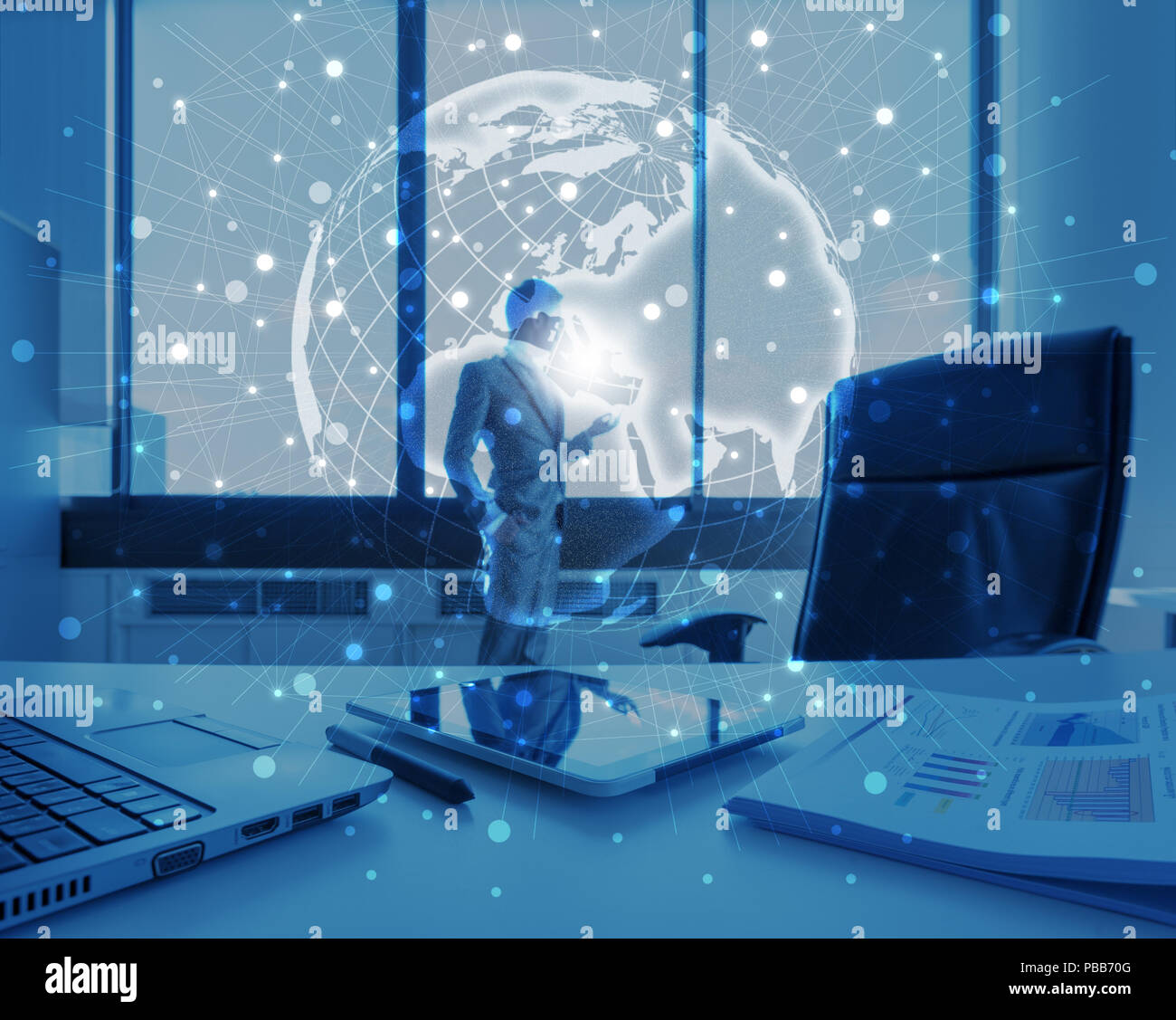 businessman use tablet with graphic effect of technology globalization ...
