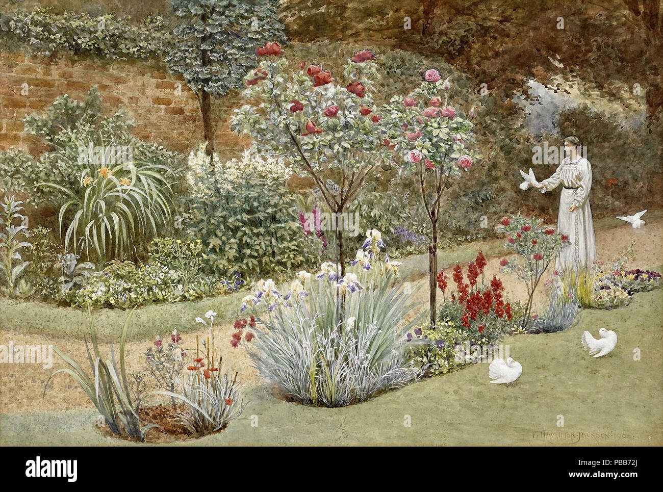 Jackson Frederick Hamilton - Garden with Woman and White Doves Stock ...