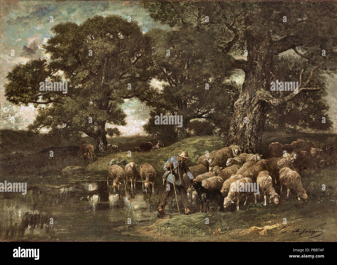 Jacque Charles Emile - a Shepherd and His Flock by the Edge of a Pond ...
