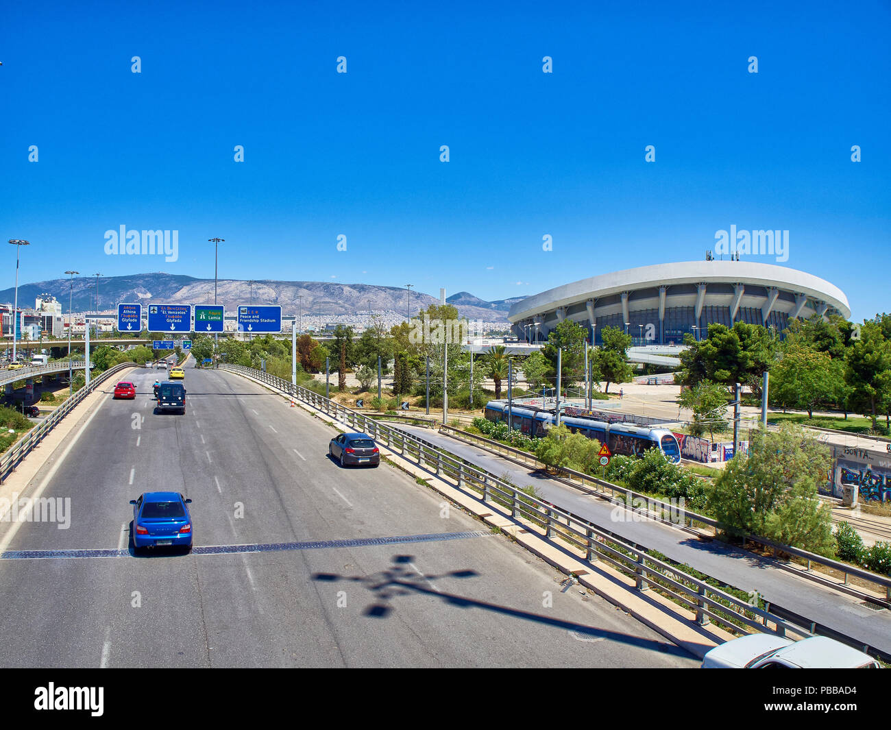 Athens, Greece - June 29, 2018. Traffic on Piraeus to Athens highway at ...