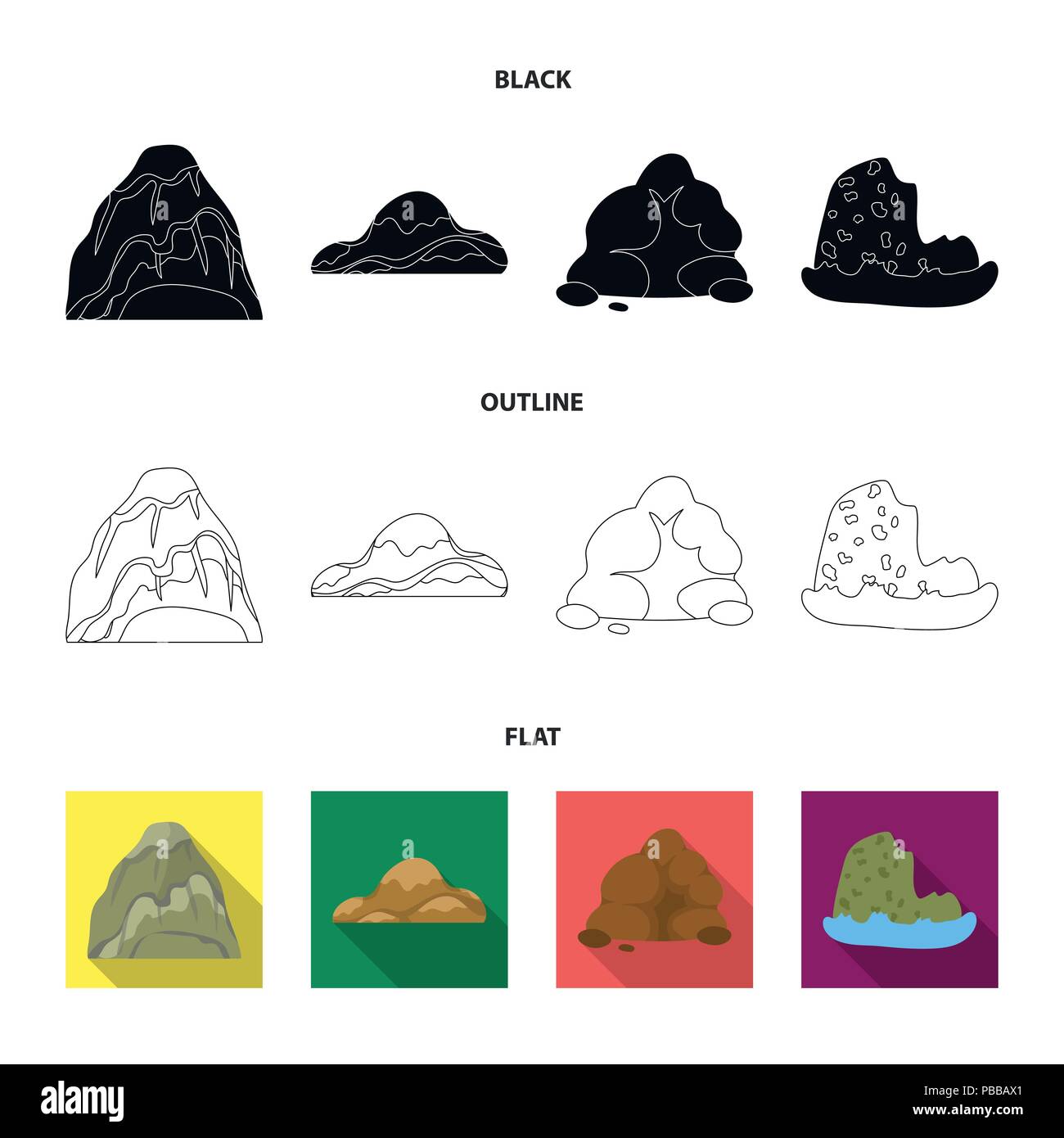 Boulders, a rounded mountain, rocks in the sea. Different mountains set ...