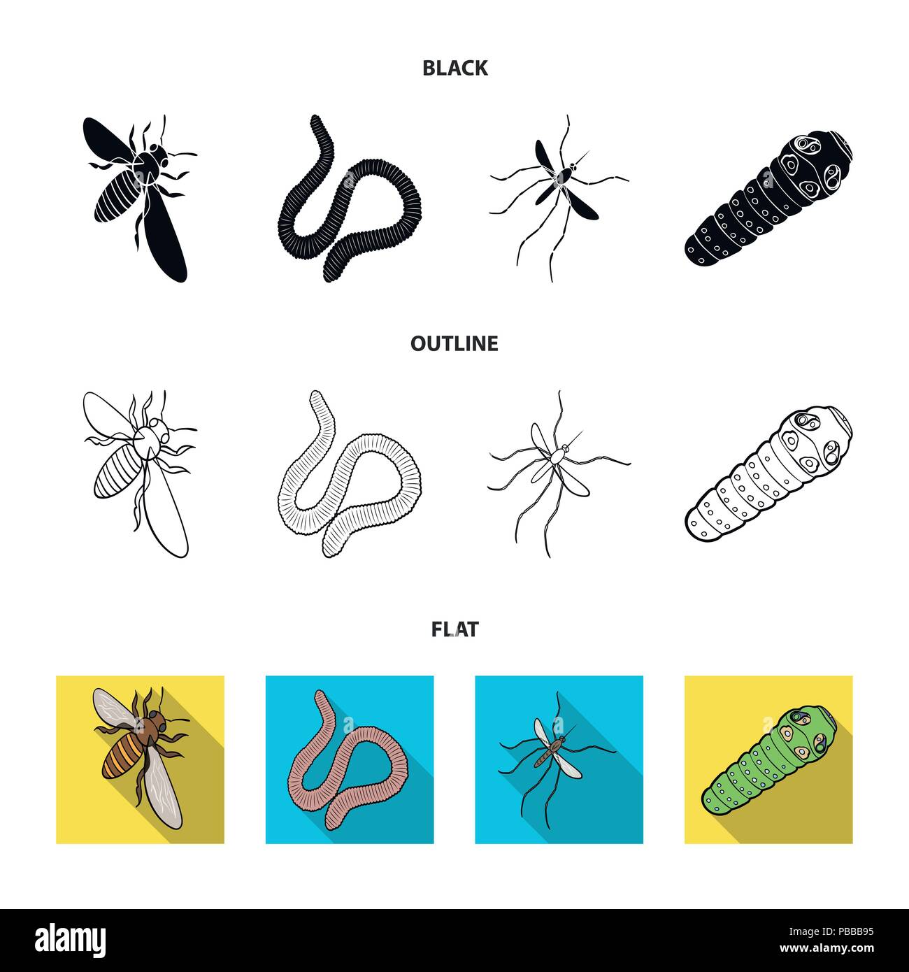 Arthropods insect mosquito, bee.Earth worm, caterpillar,vermicular set ...