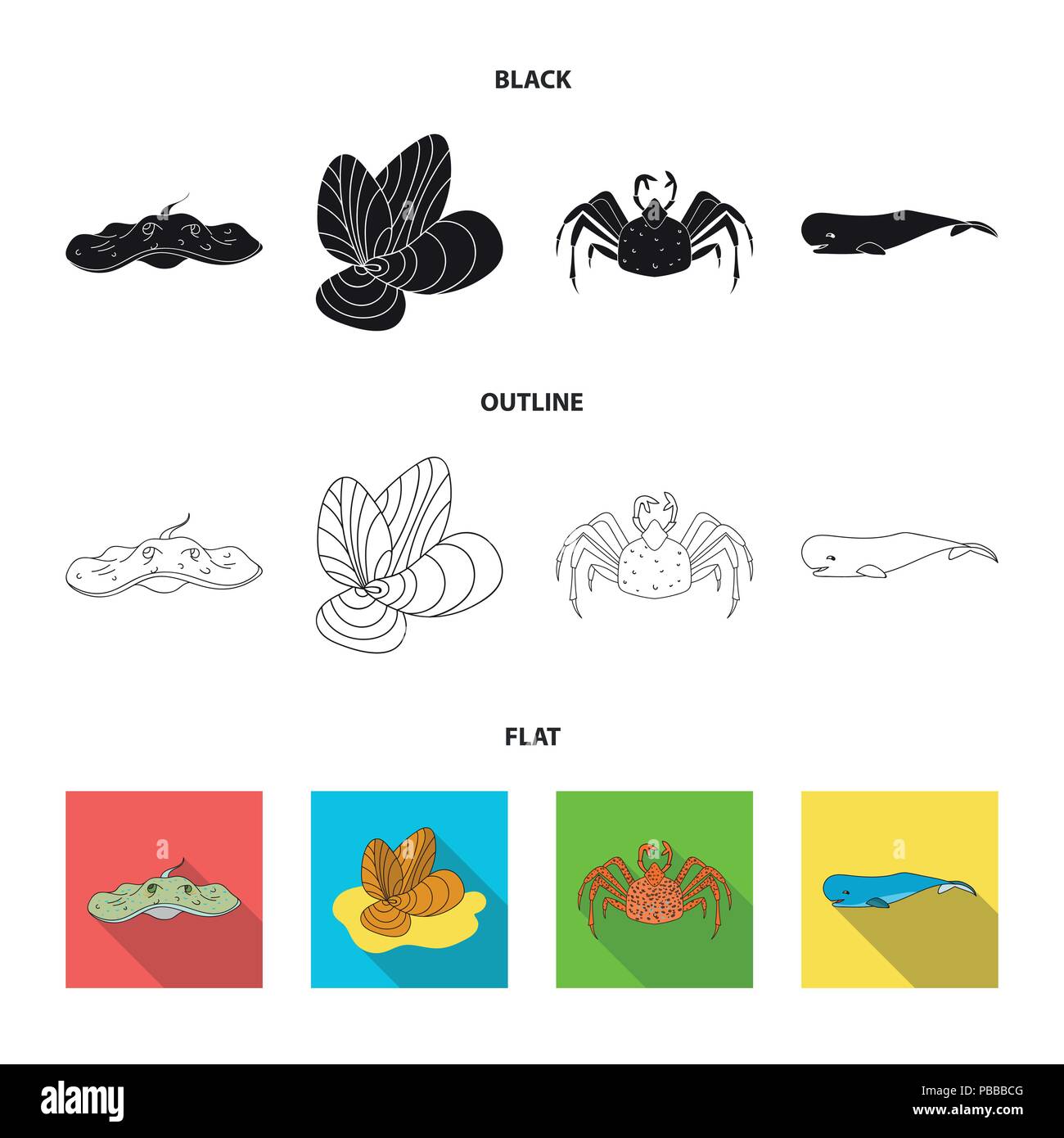 Electric ramp, mussels, crab, sperm whale.Sea animals set collection ...