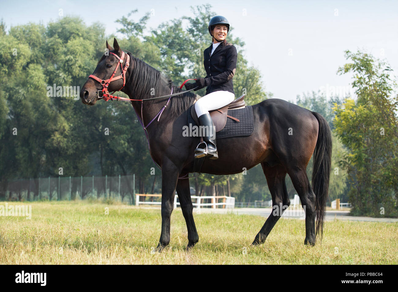 Young Chinese woman riding horse Stock Photo - Alamy