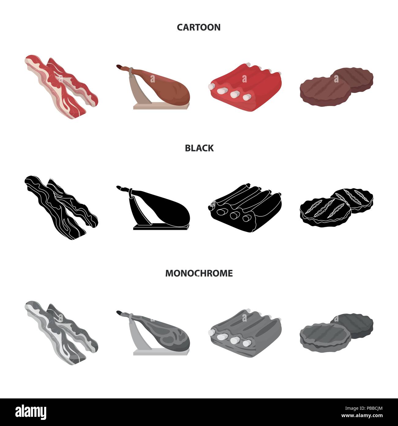 Bacon, jamon, pork ribs, fried cutlets. Meat set collection icons in ...