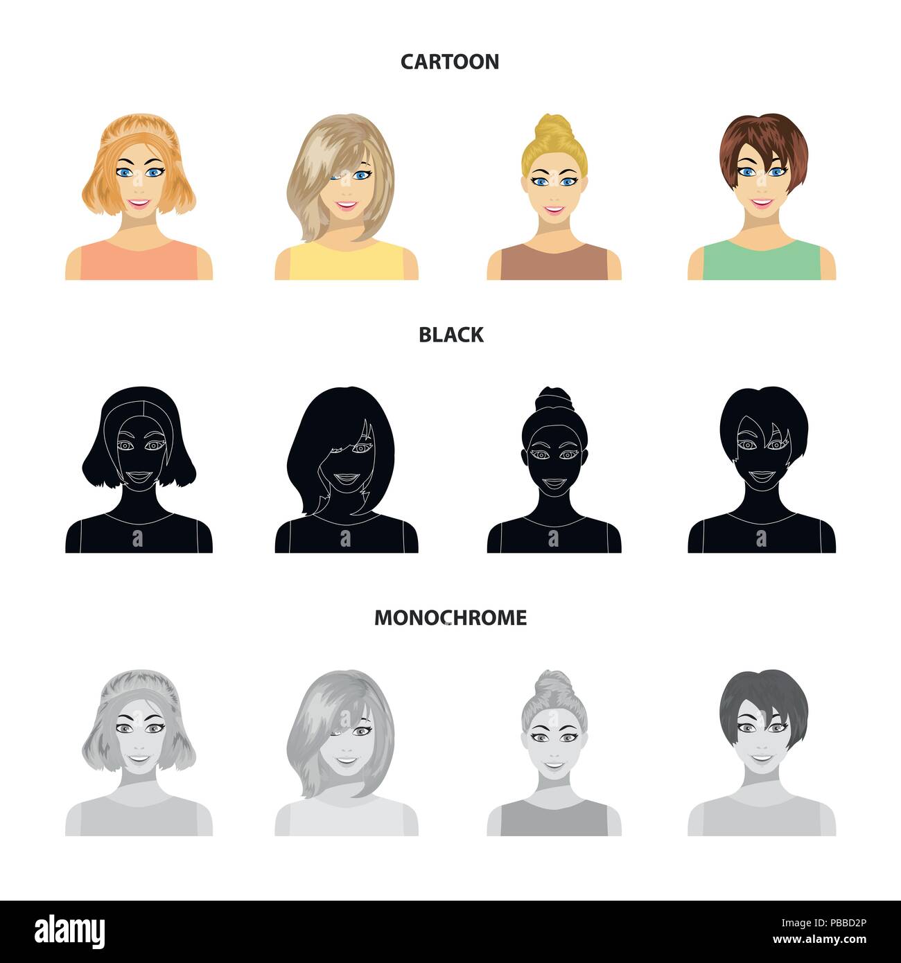 Types of female hairstyles cartoon,black,monochrome icons in set ...