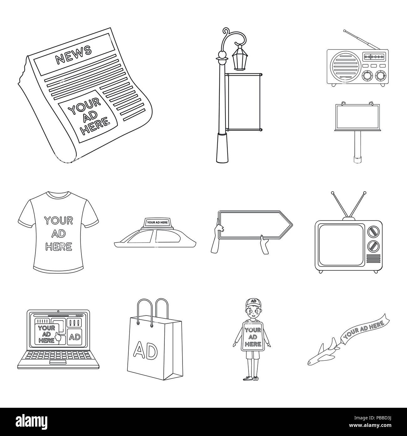 Production of advertising outline icons in set collection for design ...