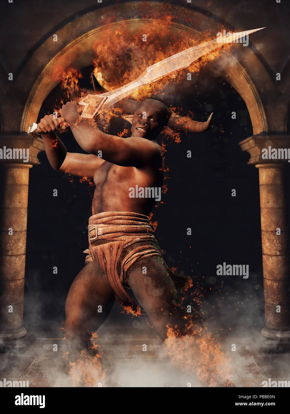Mythological Minotaur with a burning sword standing in front of a dark ...