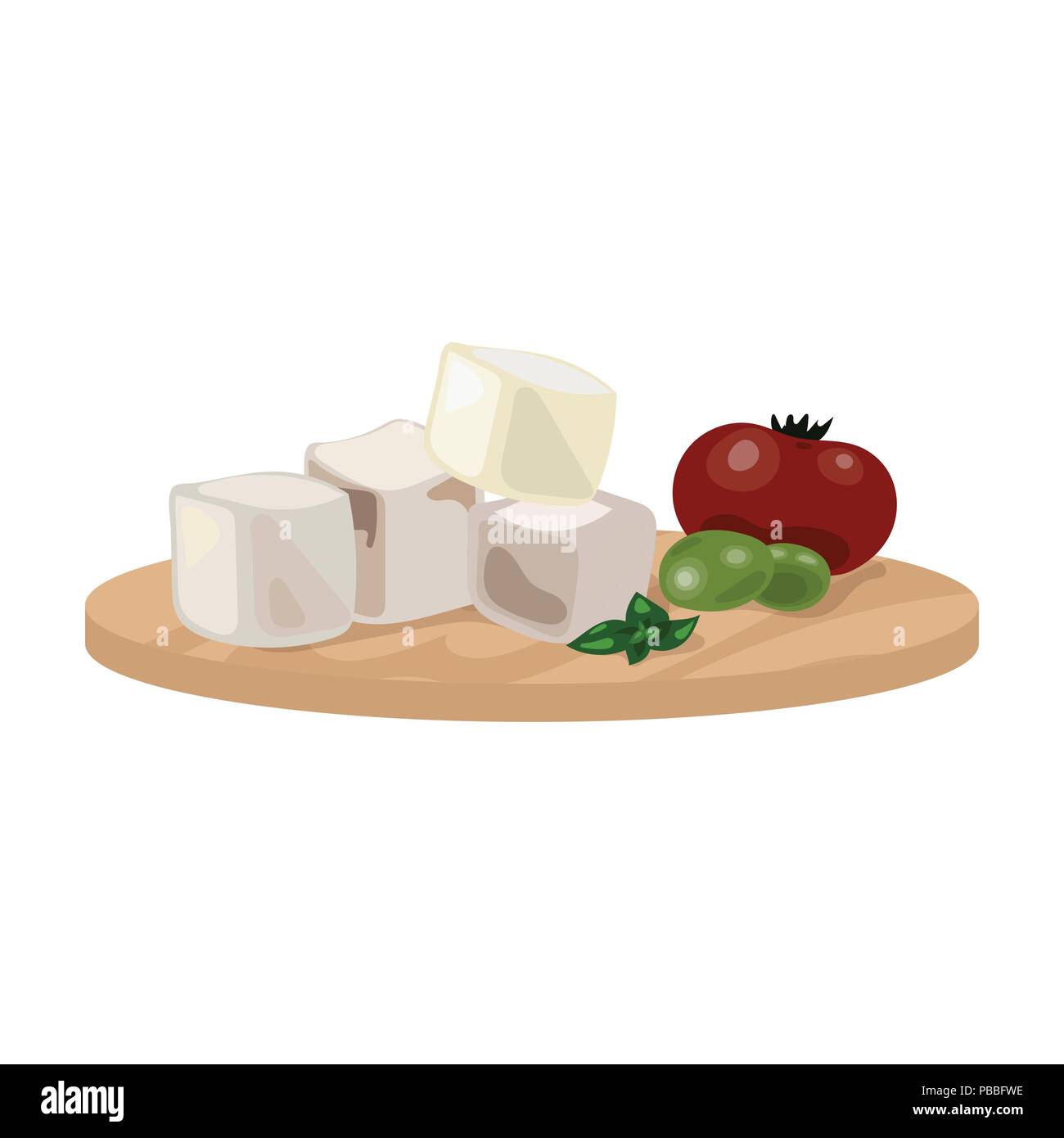 Diced cheese feta with tomatoes and olives on the cutting board icon in ...