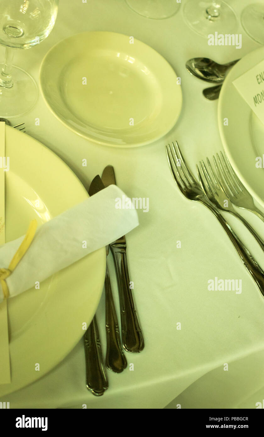 Wedding reception banquet dinner party table place settings set in ...