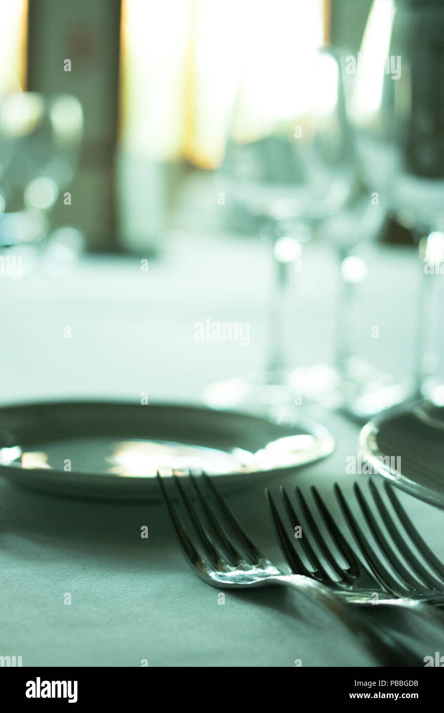 Wedding reception banquet dinner party table place settings set in ...