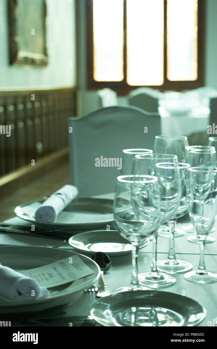 Wedding reception banquet dinner party table place settings set in ...