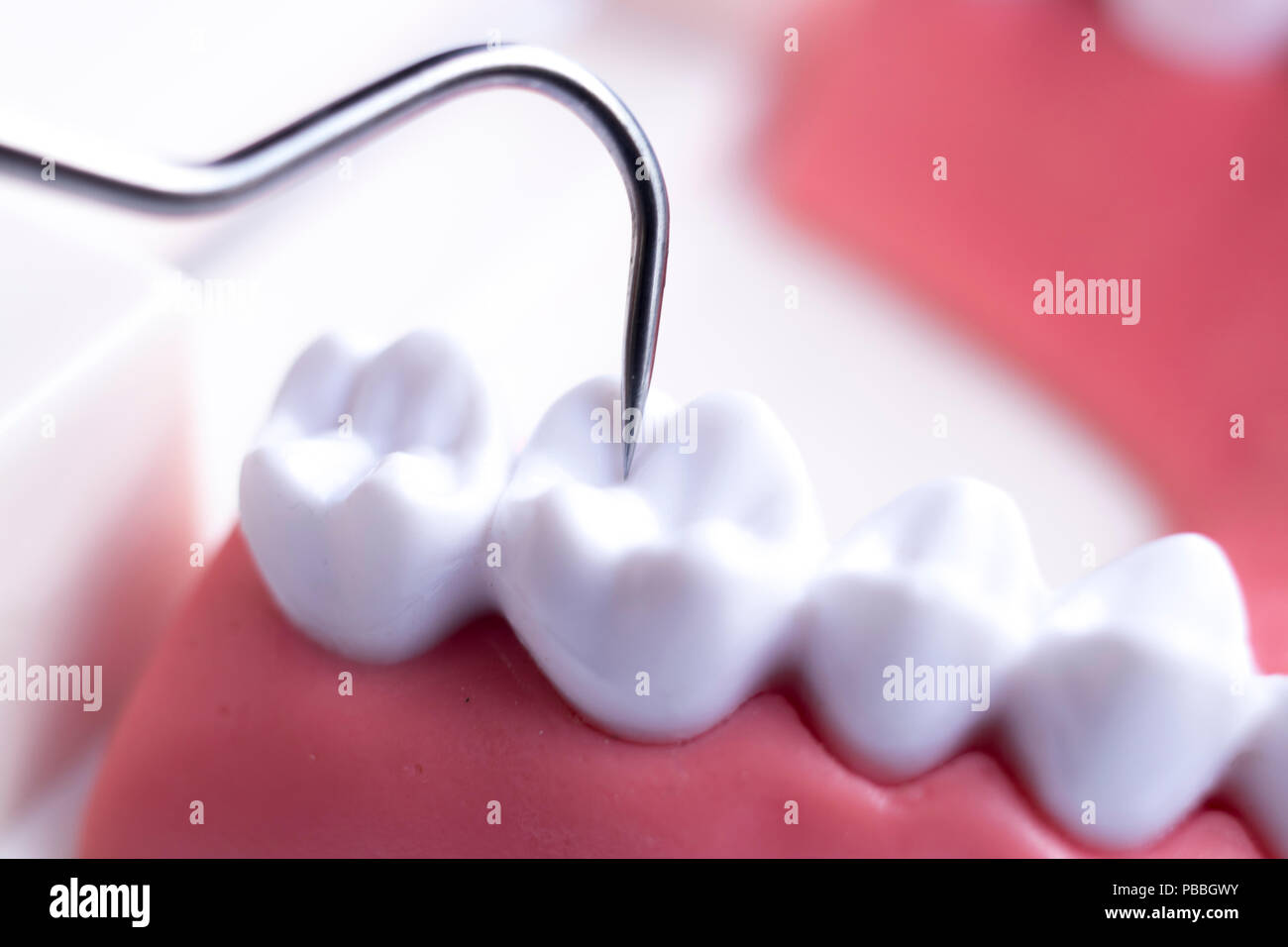 Dentist cleaning teeth with titanium metal tooth pick instrument to ...