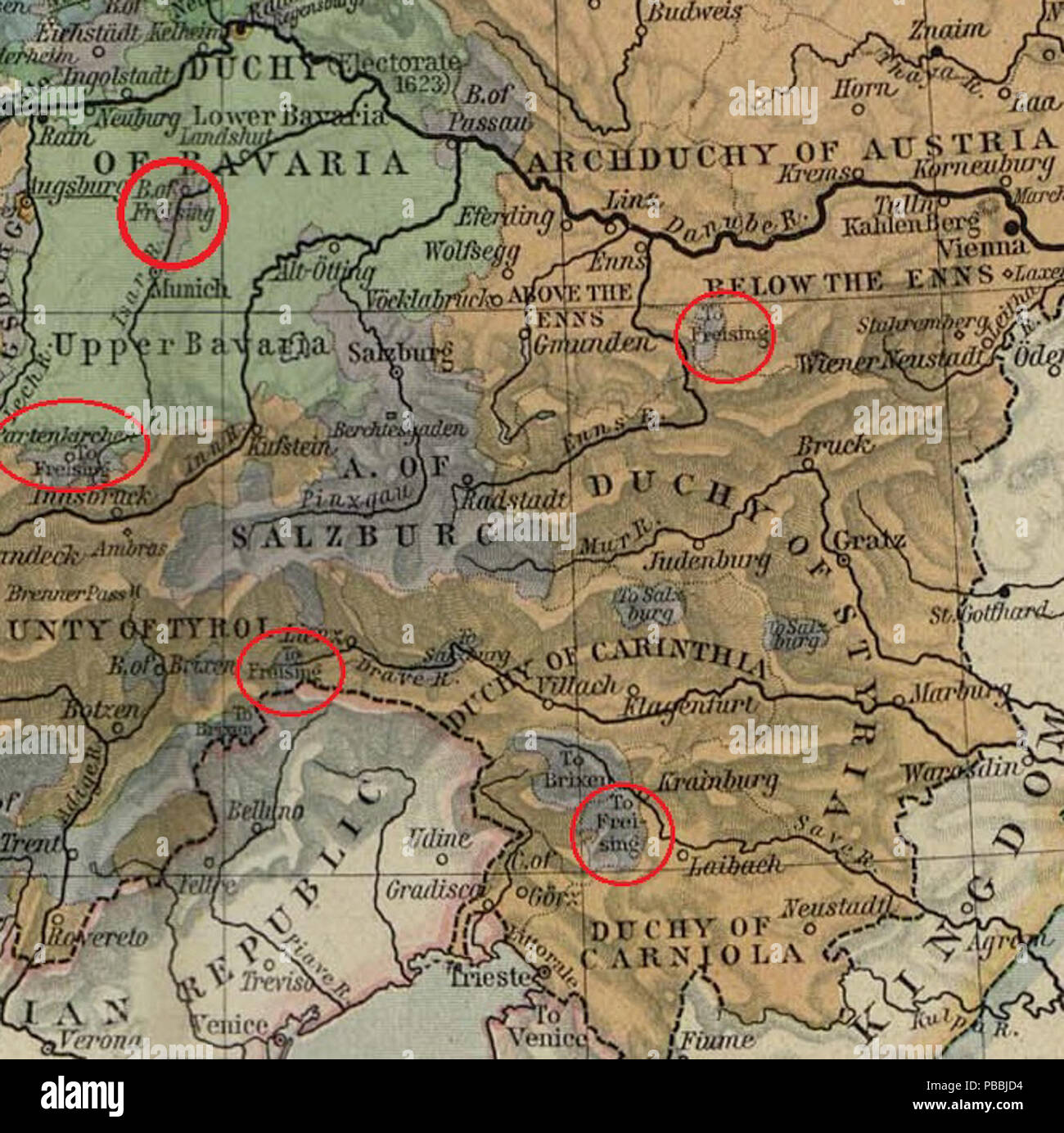 1227 Prince-Bishopric of Freising locator map Stock Photo - Alamy