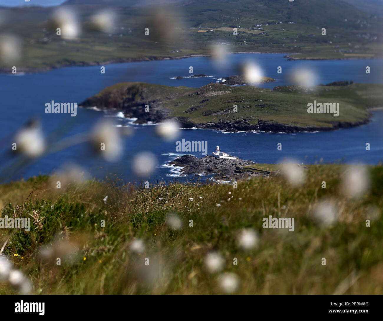 High angle view of Valentia Island lighthouse at Cromwell Point, County ...