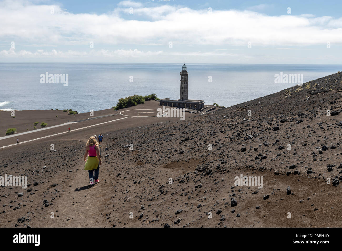 Tourists walking down the path in Capelinhos Volcano showing the ...