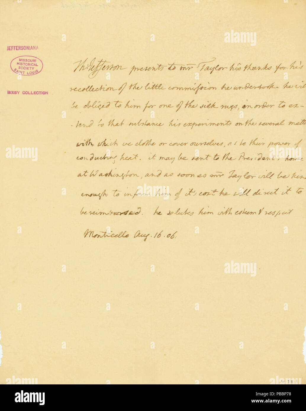 1119 Note signed Thomas Jefferson, Monticello, to George Taylor, August 16, 1806 Stock Photo - Alamy