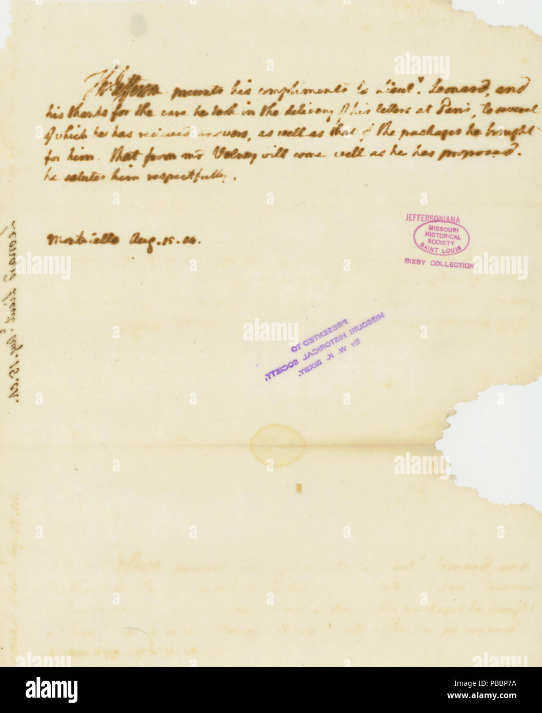 1119 Note signed Thomas Jefferson, Monticello, to Lt. Leonard, August ...