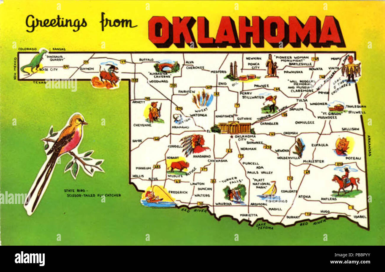 . English: Postcard view of a map of the state of Oklahoma accented ...