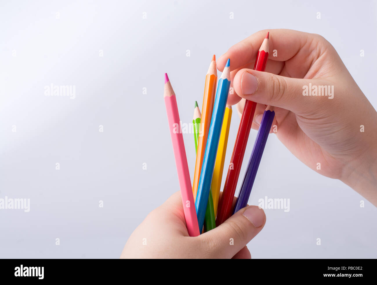 Hand holding color Pencils placed on a white background Stock Photo - Alamy