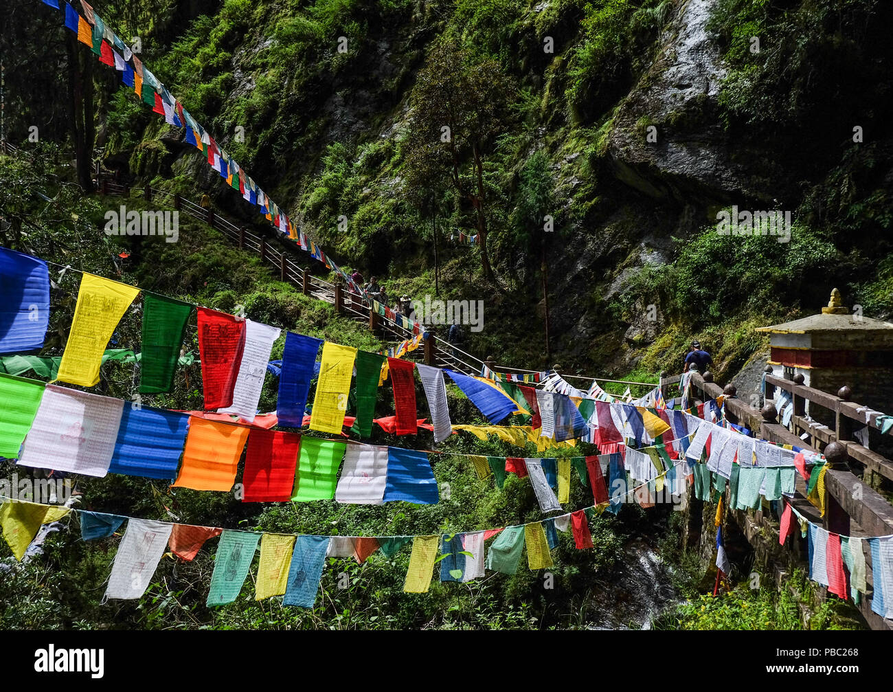 Paro, Bhutan - Sep 3, 2015. Tibetan Buddhist prayer flags hanging on ...