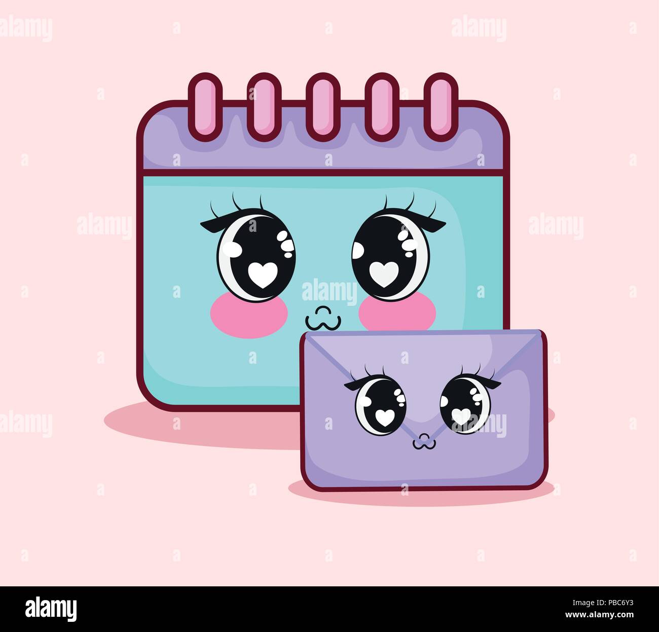 Kawaii calendar and envelope over pink background, colorful design ...