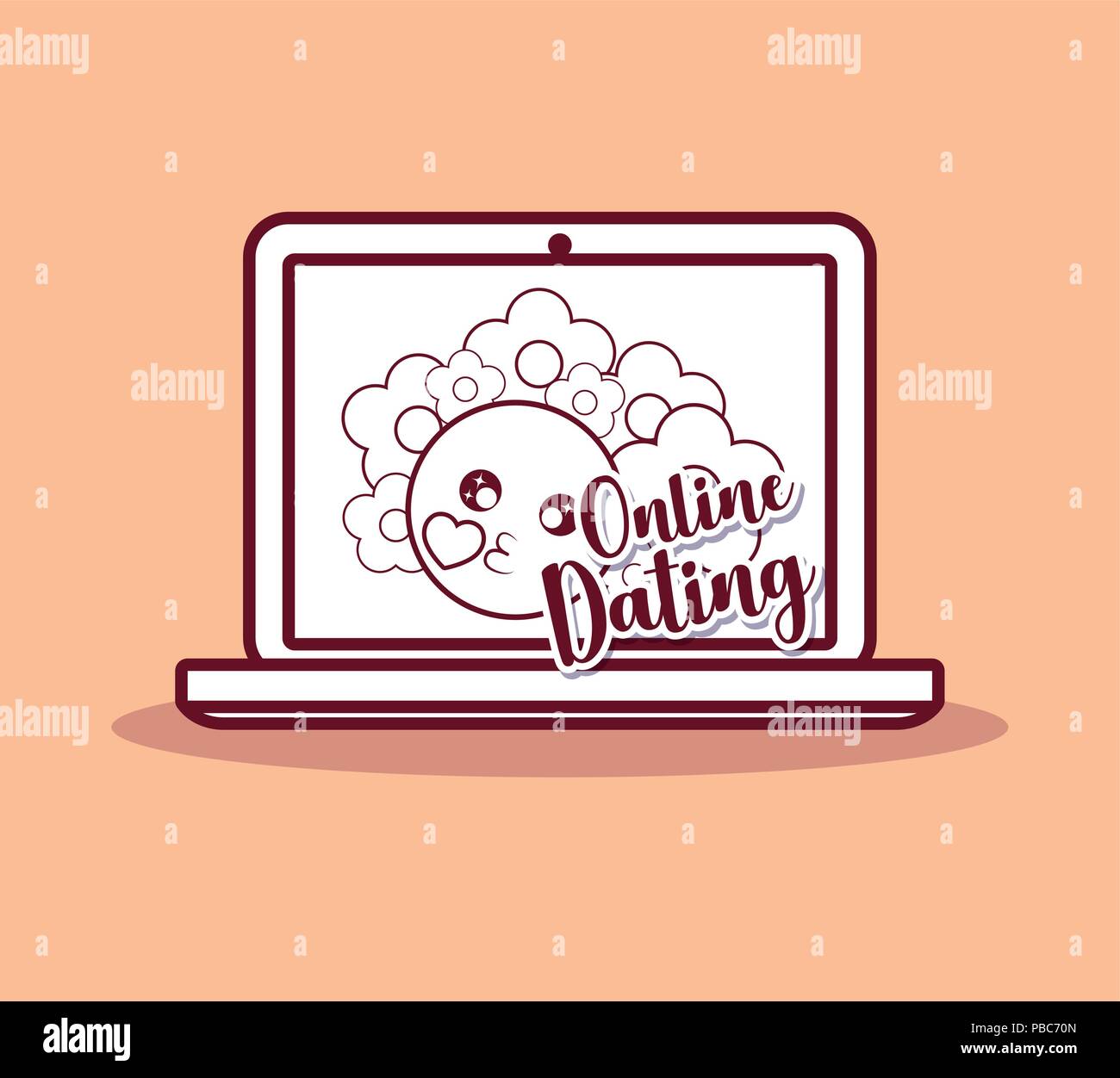 online dating design with laptop computer and kiss emoji and flowers ...