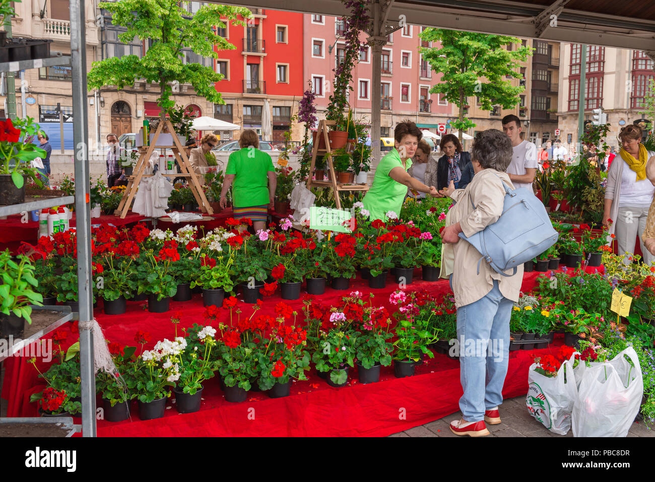 Bilbao flower market, view of a customer buying a plant at the Sunday ...