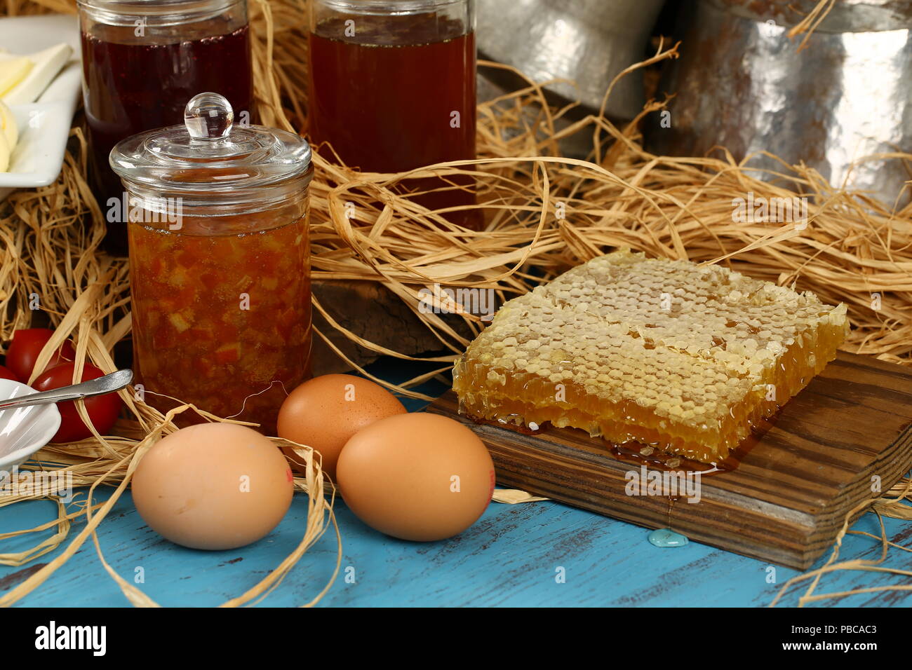 Ingredients for breakfast Honey, Jam, Eggs Backgrounds Stock Photo - Alamy