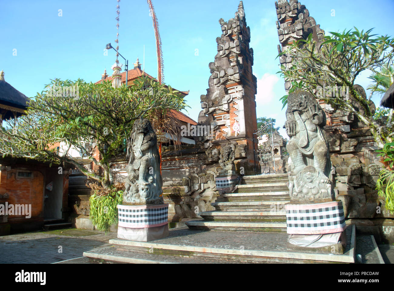 Floral decorations outside Pura Dalem Taman Kaja Temple, Ubud, Gianyar ...