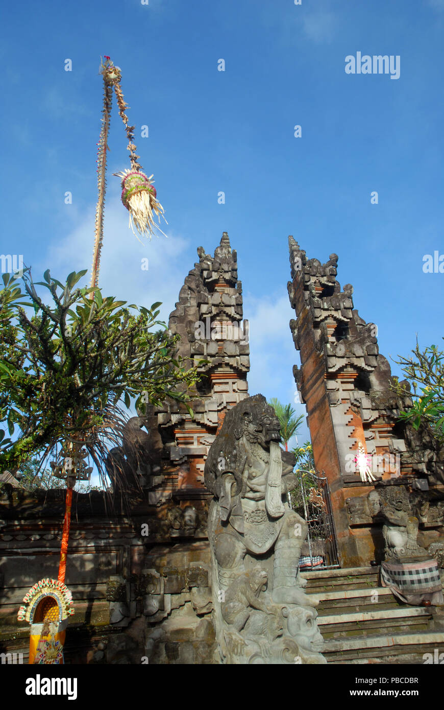 Floral decorations outside Pura Dalem Taman Kaja Temple, Ubud, Gianyar ...