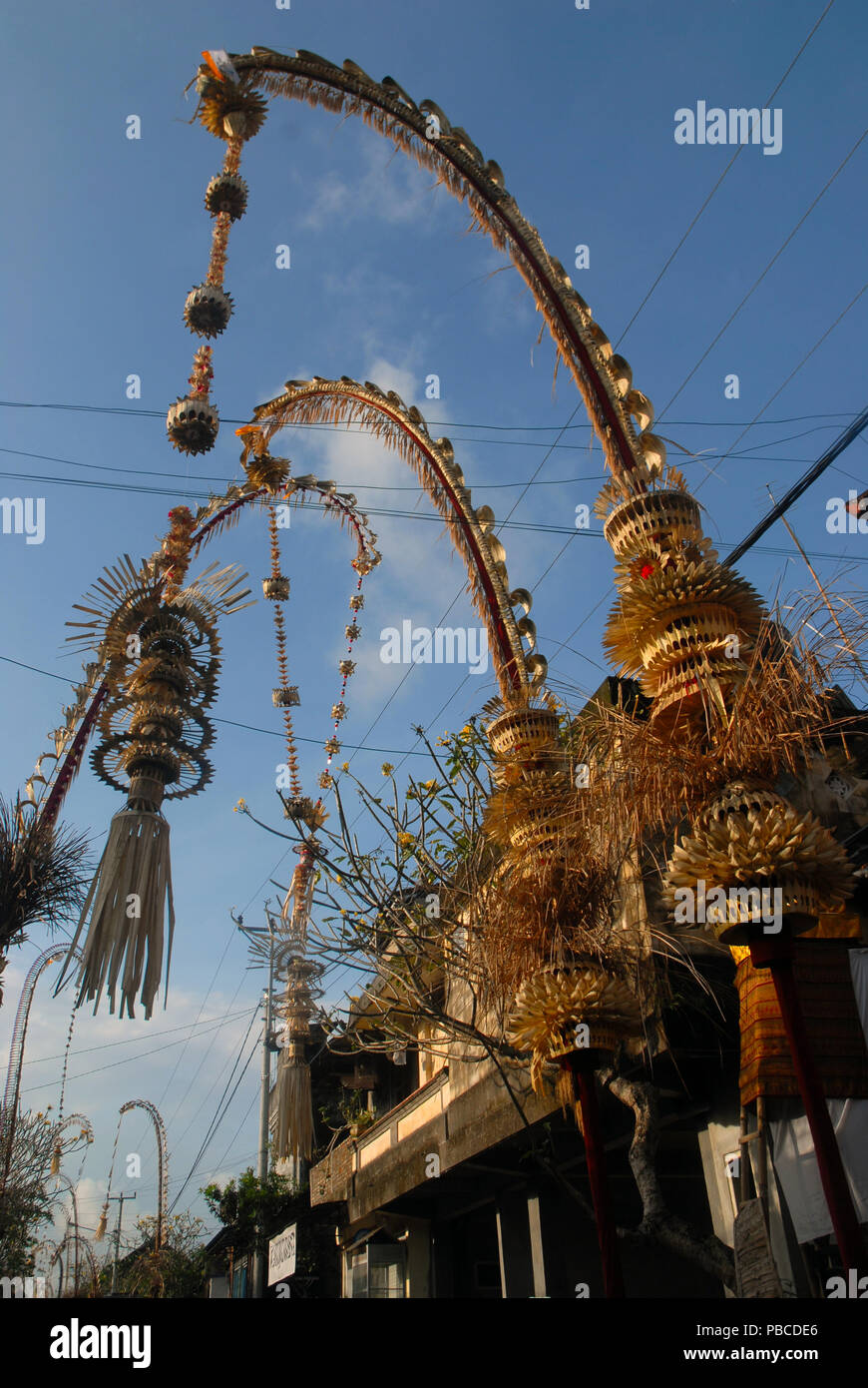 Floral decorations outside Pura Dalem Taman Kaja Temple, Ubud, Gianyar ...