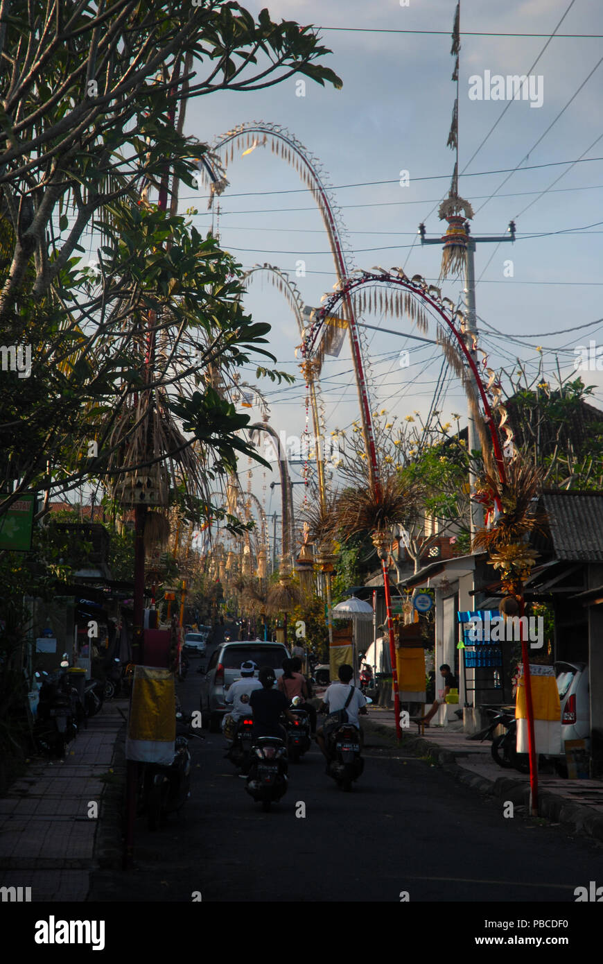Floral decorations outside Pura Dalem Taman Kaja Temple, Ubud, Gianyar ...