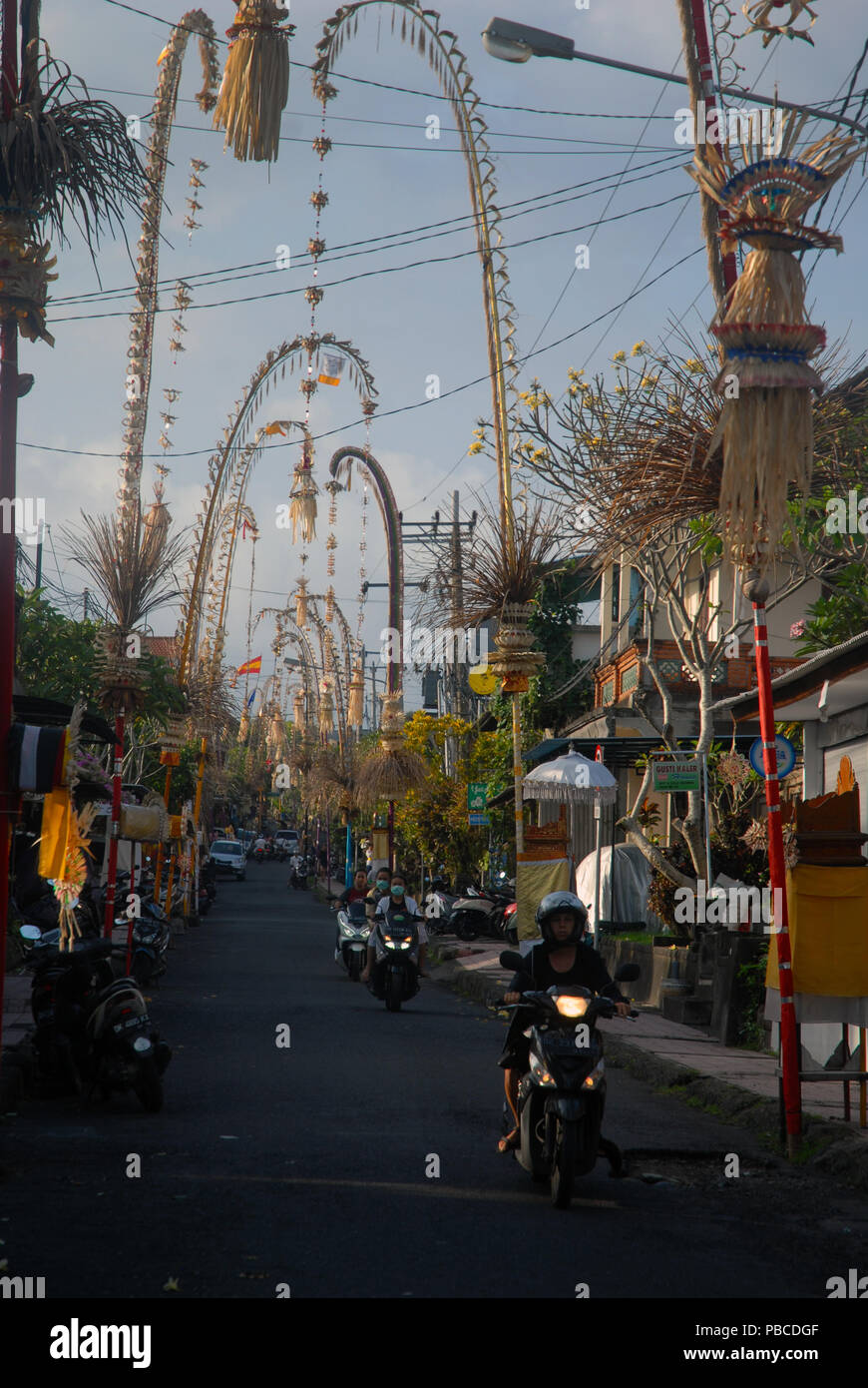 Floral decorations outside Pura Dalem Taman Kaja Temple, Ubud, Gianyar ...