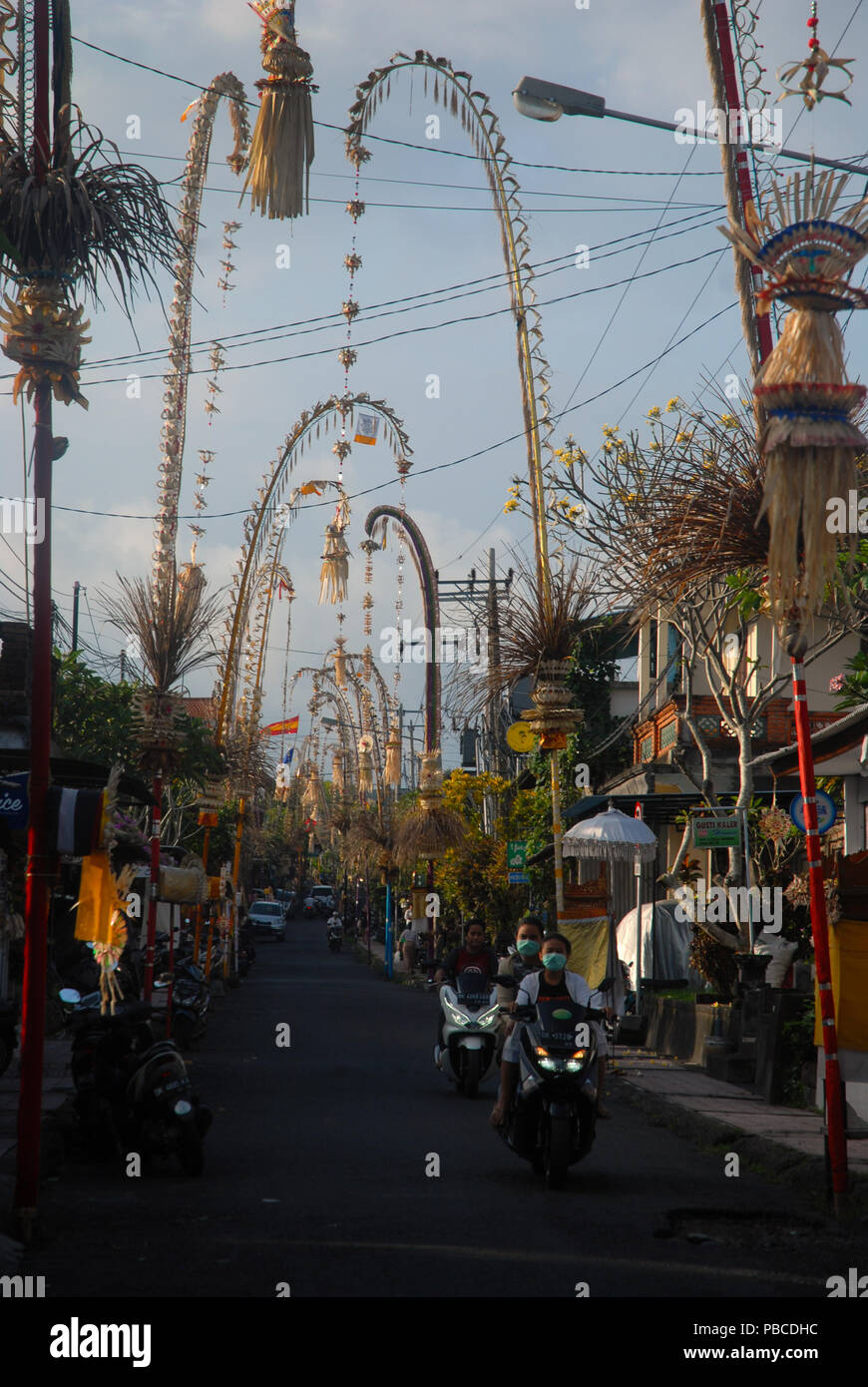 Floral decorations outside Pura Dalem Taman Kaja Temple, Ubud, Gianyar ...