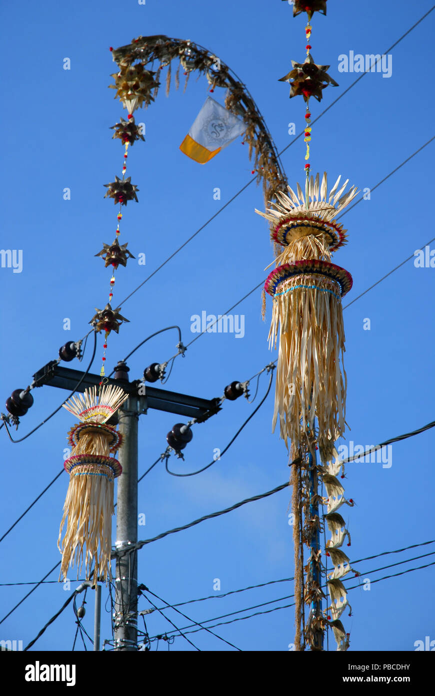 Floral decorations outside Pura Dalem Taman Kaja Temple, Ubud, Gianyar ...