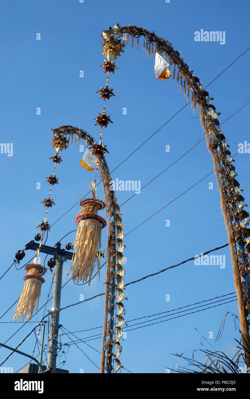 Floral decorations outside Pura Dalem Taman Kaja Temple, Ubud, Gianyar ...