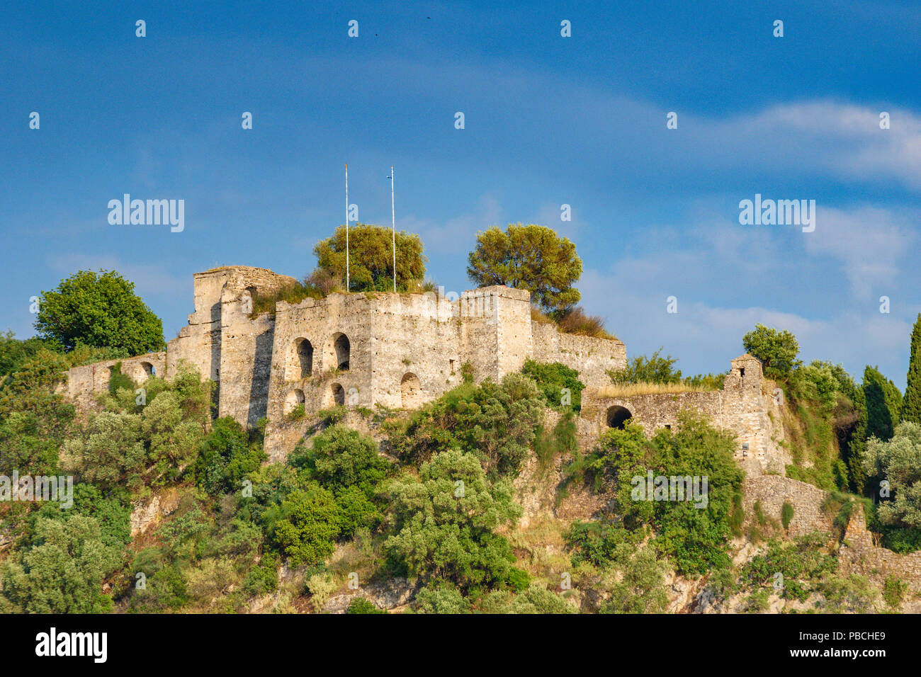 Aerial view of the historial castle of Parga, Greece. Located on the ...