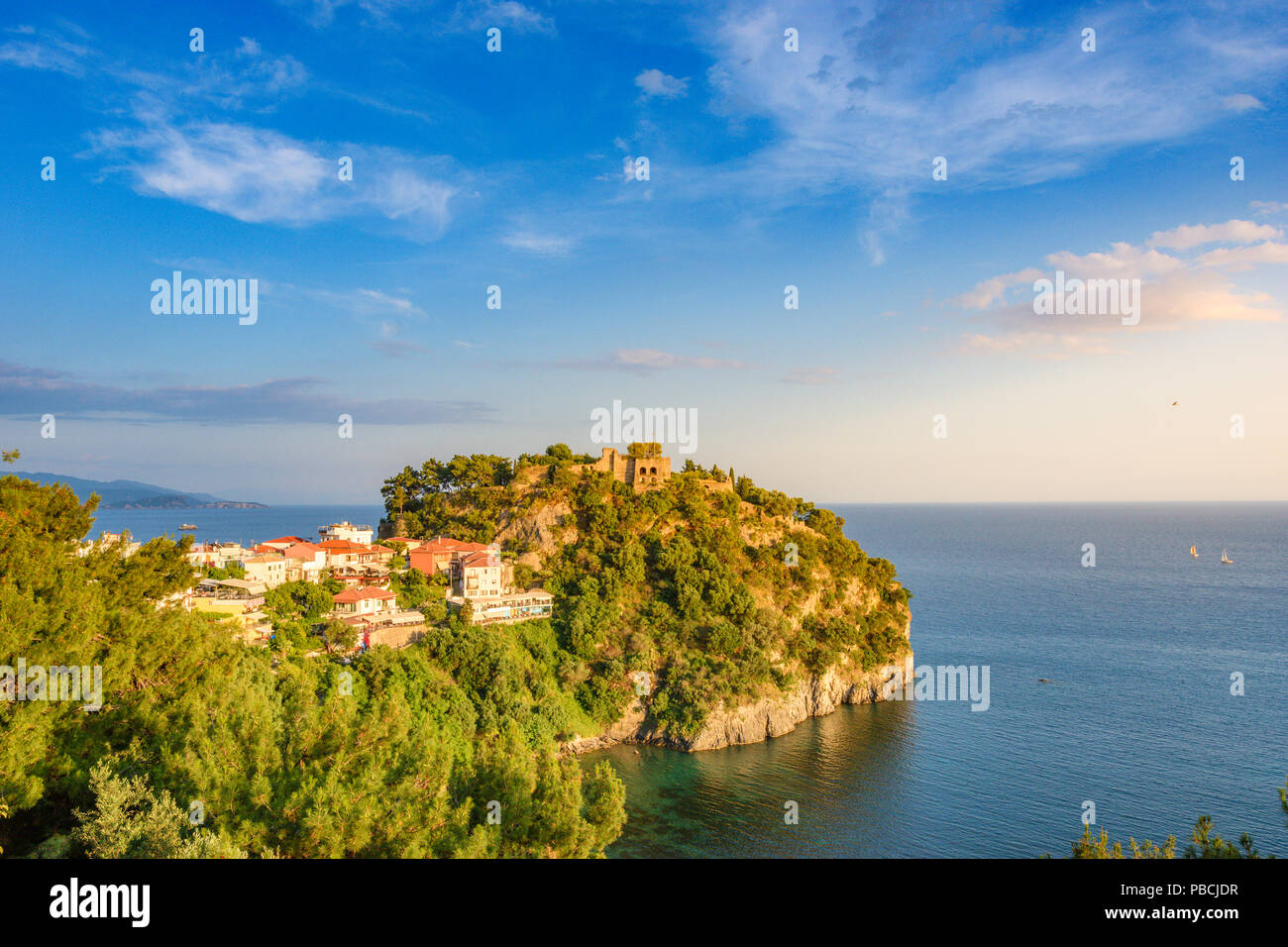 Aerial view of the historial castle of Parga, Greece. Located on the ...