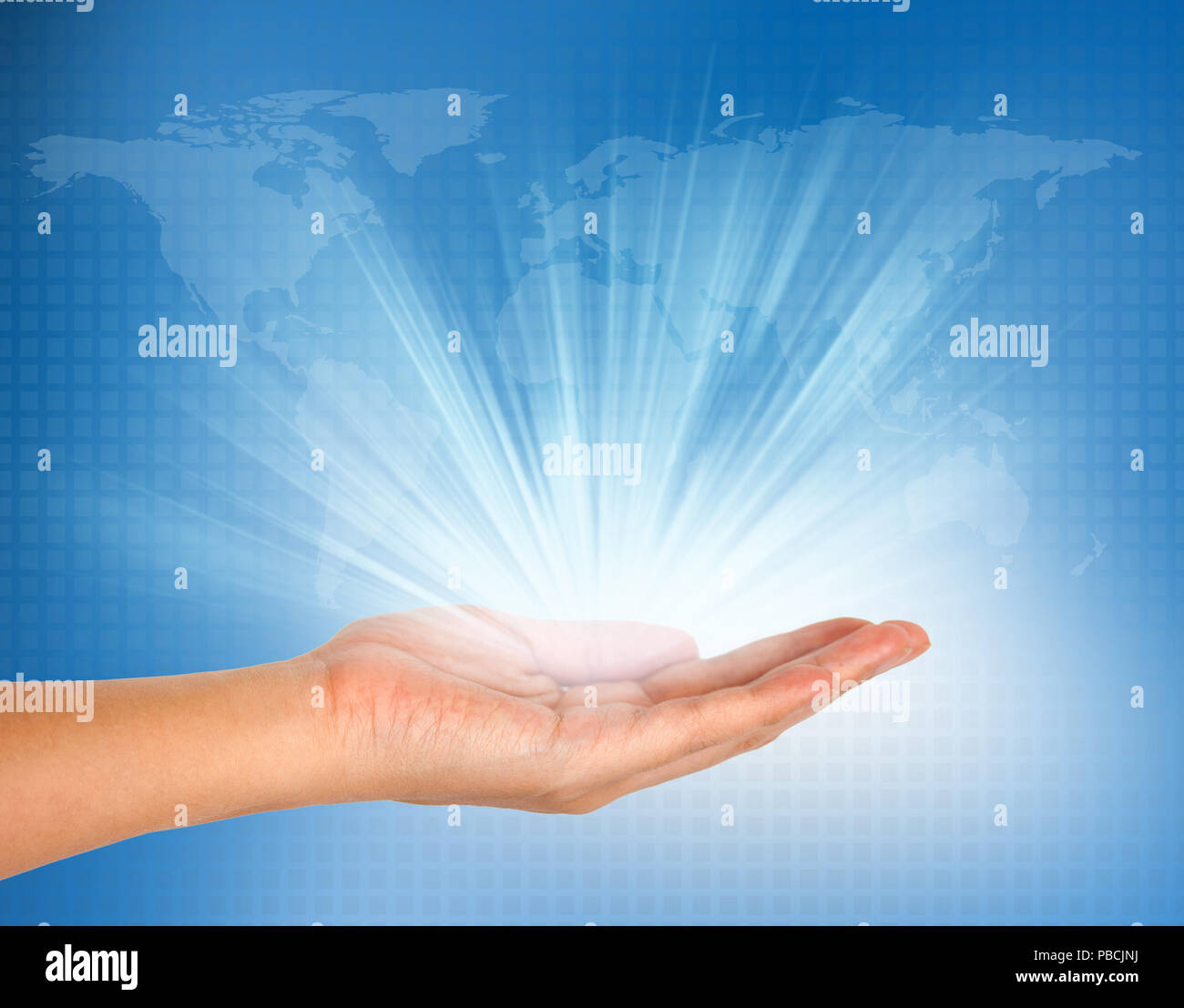 light in hand on blue technology background Stock Photo - Alamy