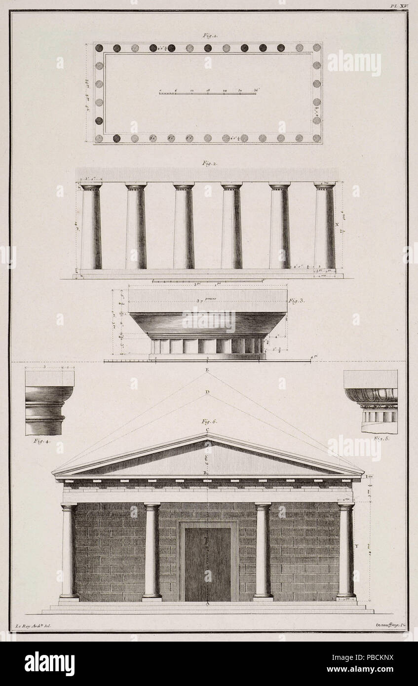 1204 Plan of Doric temple Elevation of the peristyle View and section ...