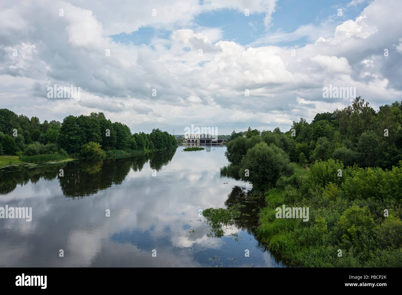 A river with a dam and banks overgrown with dense vegetation. Summer ...