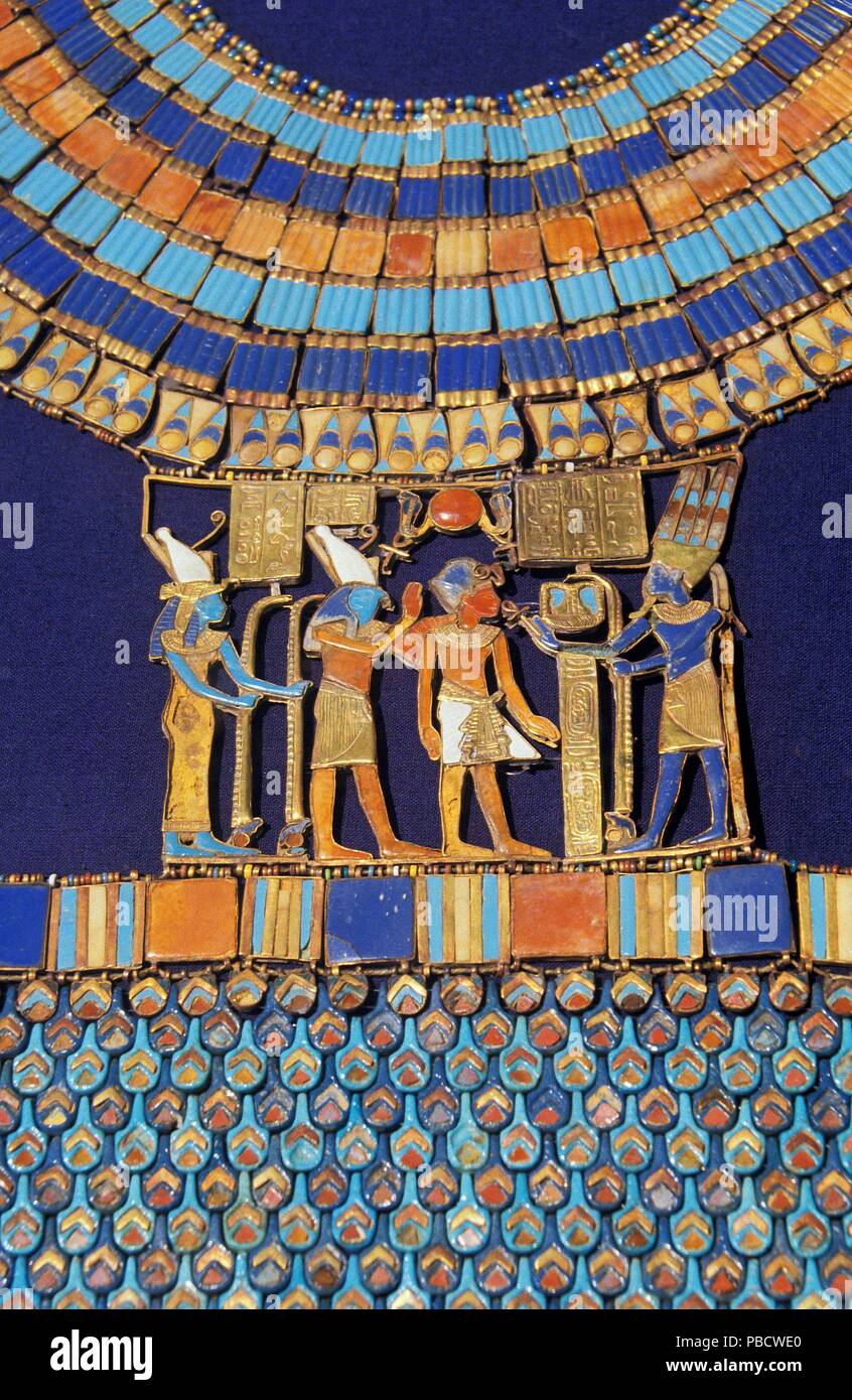 Pectoral, The god Amun-Re receives the pharaoh, Tutankhamun treasure ...
