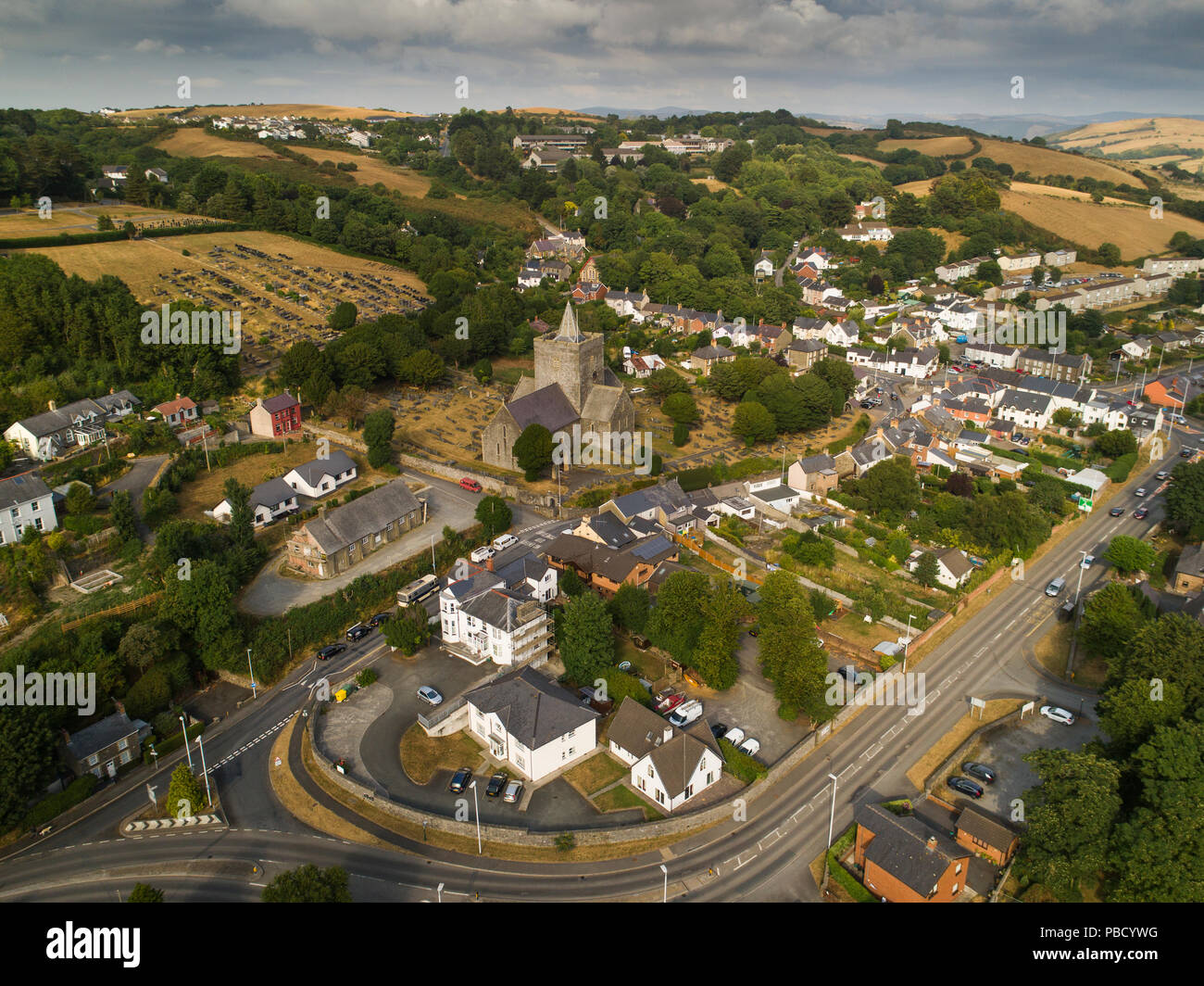Aerial drone view of the medieval St Padarn's church in the centre of ...