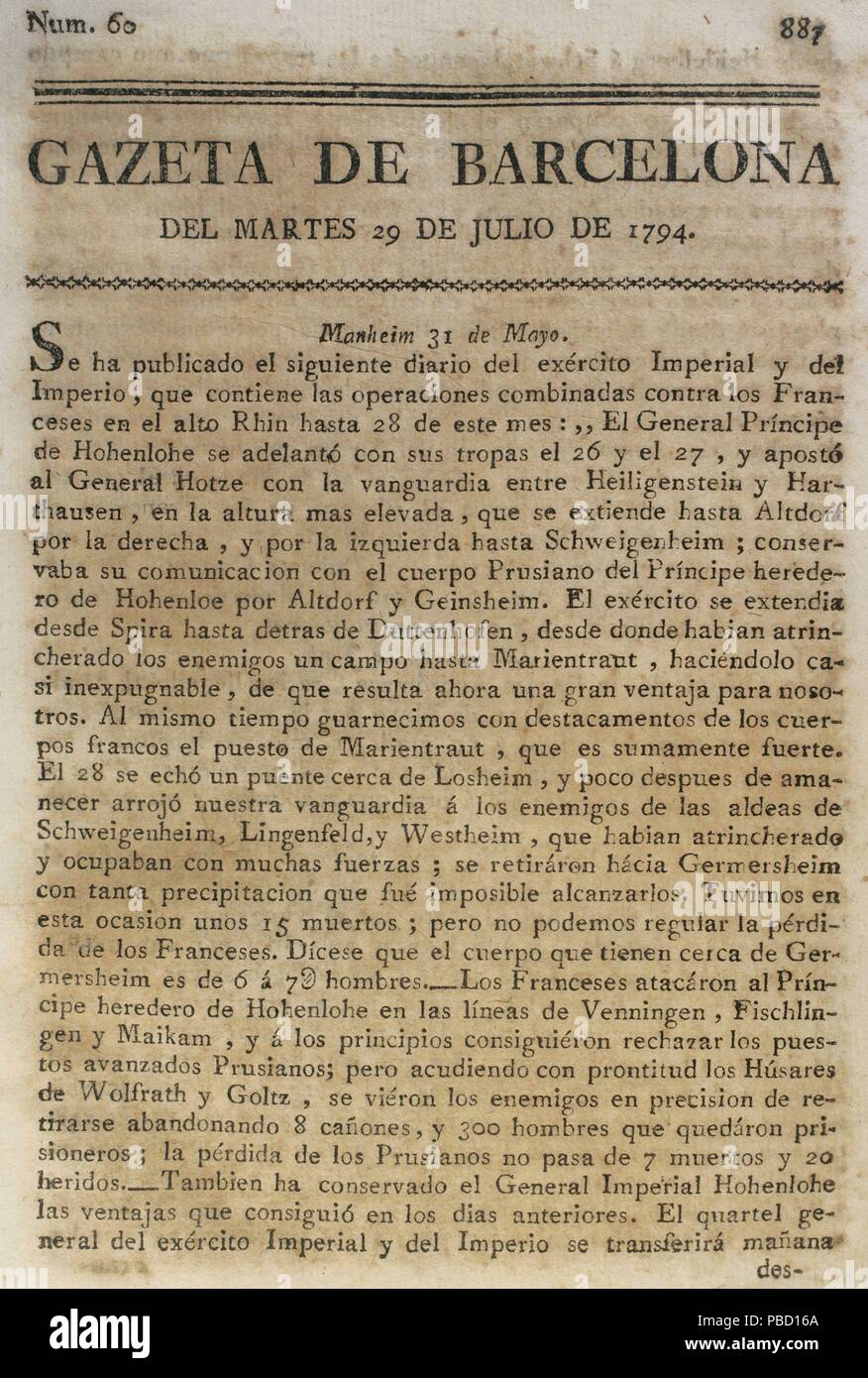Gazeta de Barcelona, 29 de julio de 1794. Núm. 60. Portada. Biblioteca ...