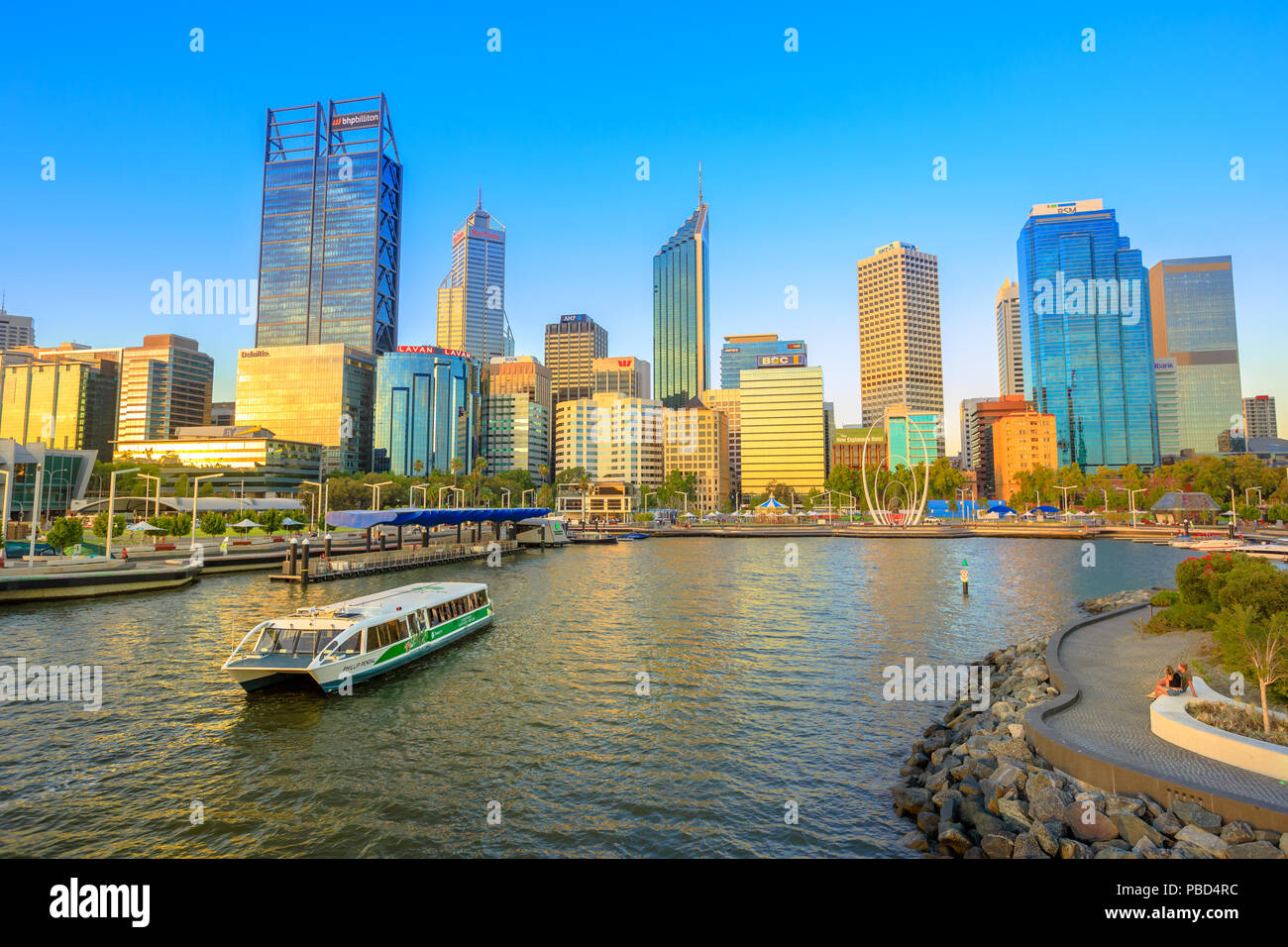Perth, Australia - Jan 6, 2018: turistic ferry in Elizabeth Quay Marina ...